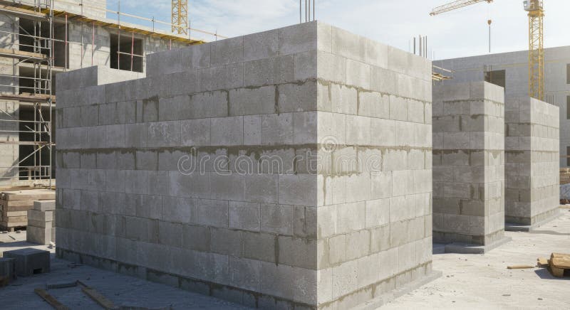 Construction Site: Concrete Block Walls Rising in Daylight, Modern ...
