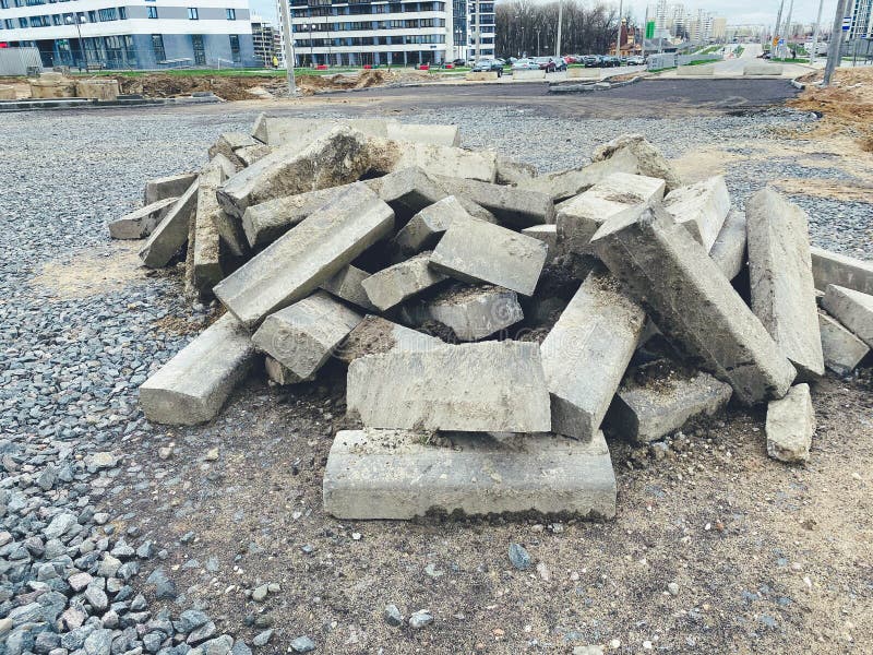 Construction Site. Concrete Blocks Lie in a Pile for the Erection of ...