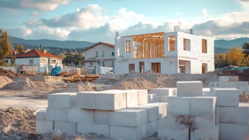 Construction Site with Concrete Blocks and Unfinished Building Stock ...