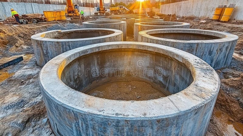 Construction Site with Concrete Foundation Rings Stock Illustration ...