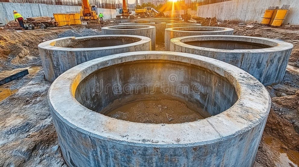 Construction Site with Concrete Foundation Rings Stock Illustration ...