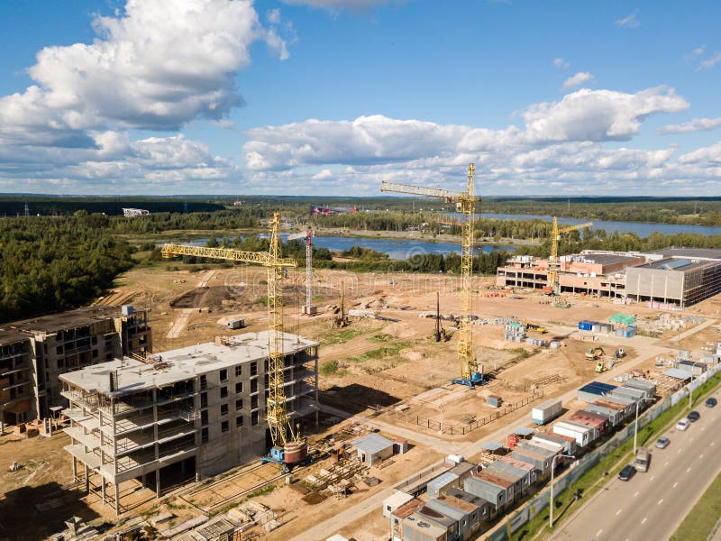 Construction Site with Crane and Building. Aerial Drone View Stock Photo - Image of estate ...