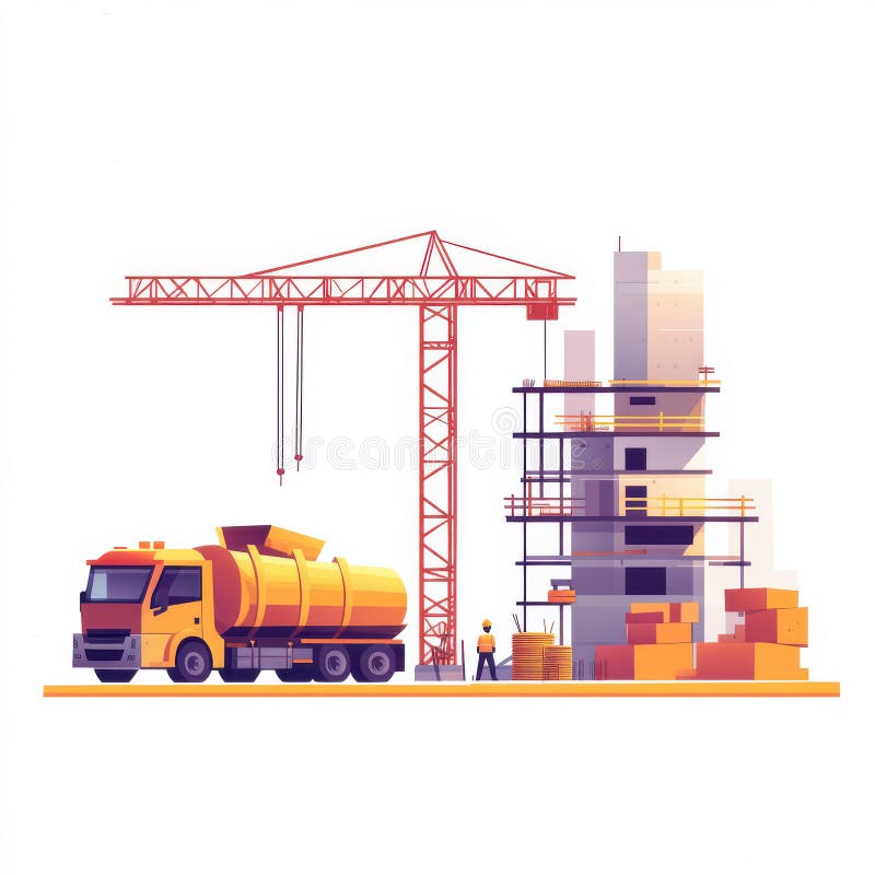 Construction Site with Crane Building Materials and Worker Stock Illustration - Illustration of ...