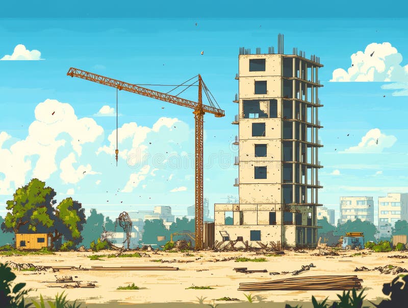 Construction Site with Crane Building Modern Skyscraper Pixel Art Stock ...