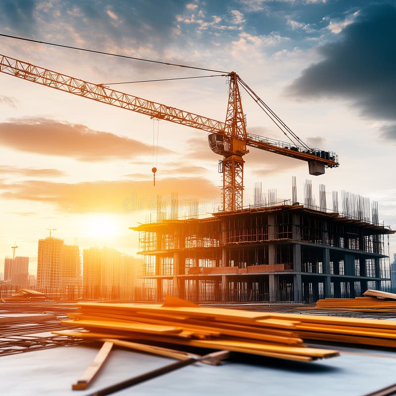 Construction Site with Crane Building Modern Skyscraper at Sunset Stock ...