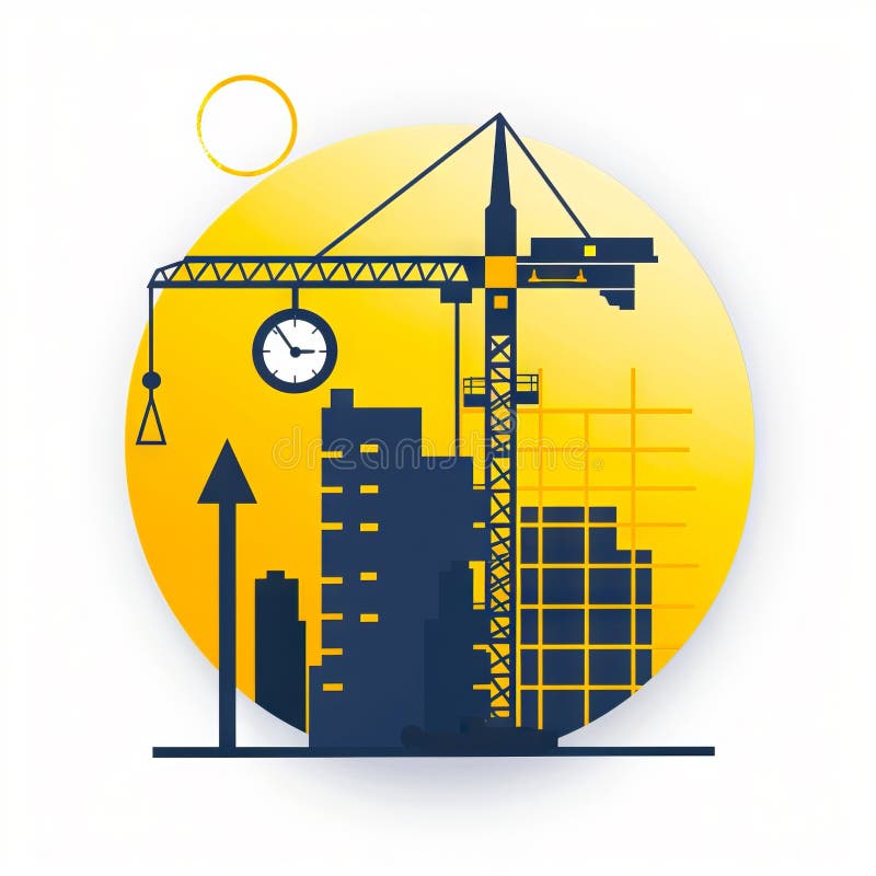 Construction Site with Crane and Clock Stock Photo - Image of icon ...
