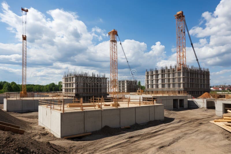 Construction Site with Crane Lifting Concrete Blocks in the Air Stock ...