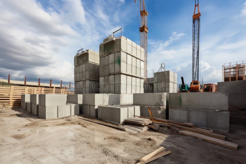 Construction Site with Crane Lifting Heavy Concrete Blocks, for ...