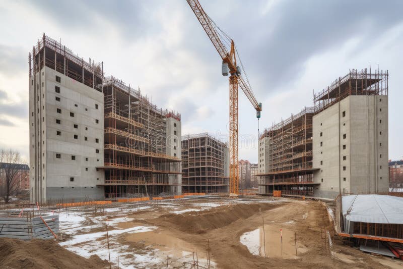 Construction Site with Crane Lifting Heavy Concrete Blocks, for ...