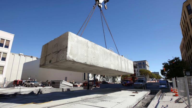 Construction Site with Crane Lifting Large Concrete Block in Bright ...