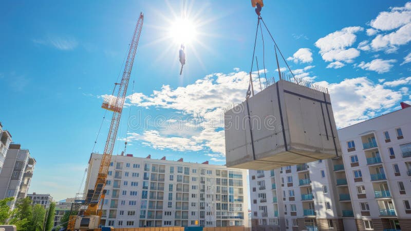 Construction Site with Crane Lifting Large Concrete Block in Bright ...