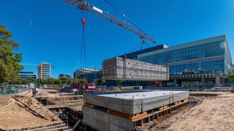 Construction Site with Crane Lifting Large Concrete Block in Bright ...