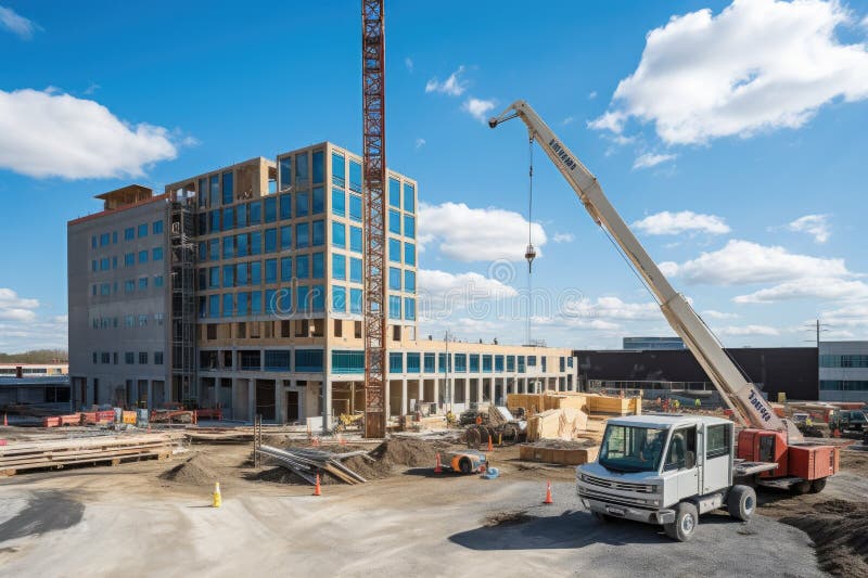 Construction Site with Crane Lifting Load of Materials Onto a New ...