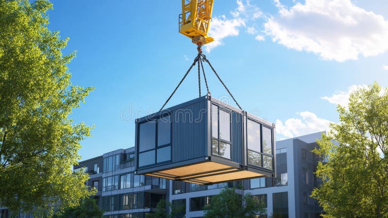 Construction Site with Crane Lifting a Modular Building Unit Stock ...