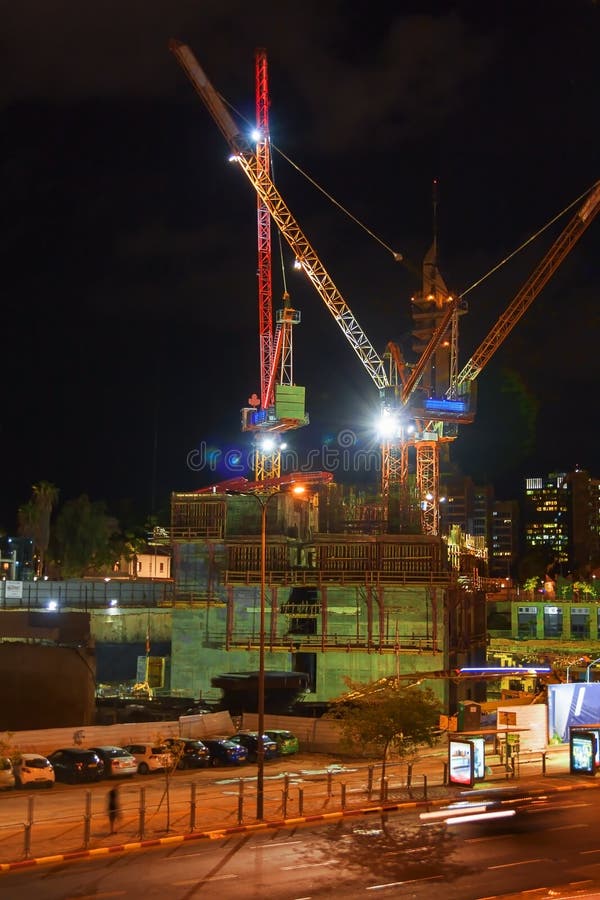 Construction Site Crane Night Editorial Photo - Image of machinery ...