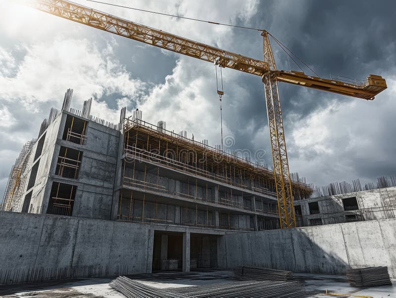 Construction Site with Crane Under Moody Sky Concrete Building Urban Development Infrastructure ...