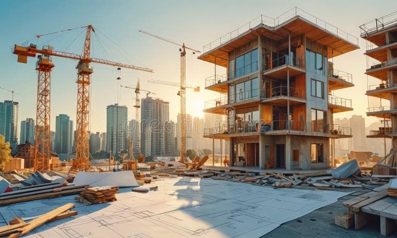 Construction Site with Cranes and Building Plans Stock Illustration ...