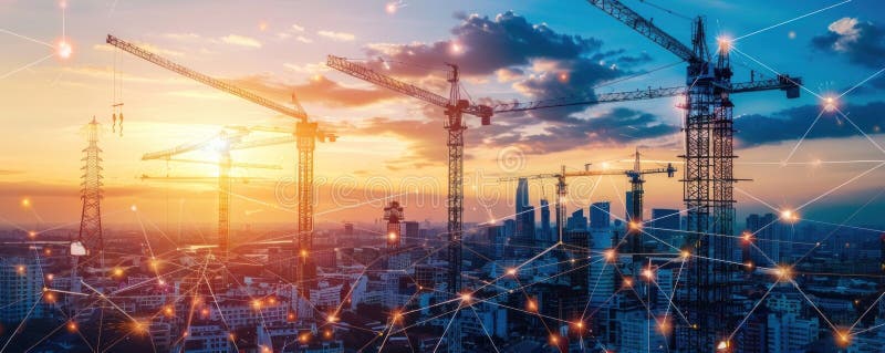 Construction Site with Cranes and Building at Sunset with a Glowing ...