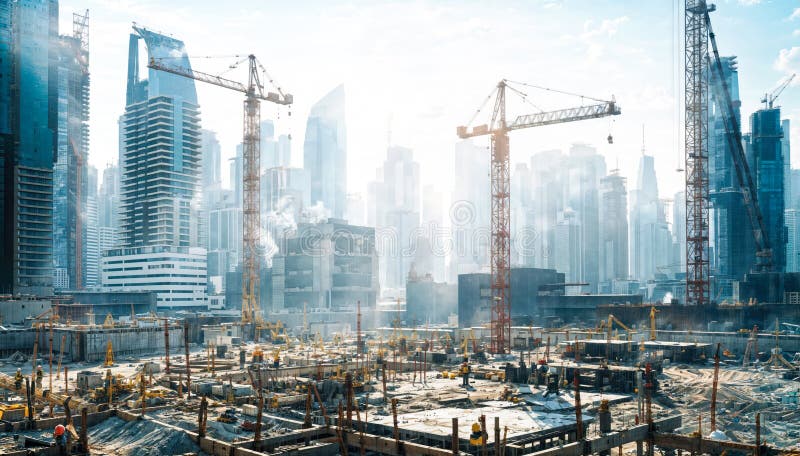 Construction Site with Cranes and Building Under Construction Stock ...