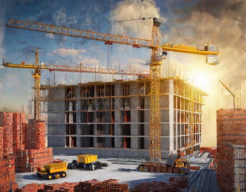 Construction Site with Cranes and Building Under Construction. 3d ...