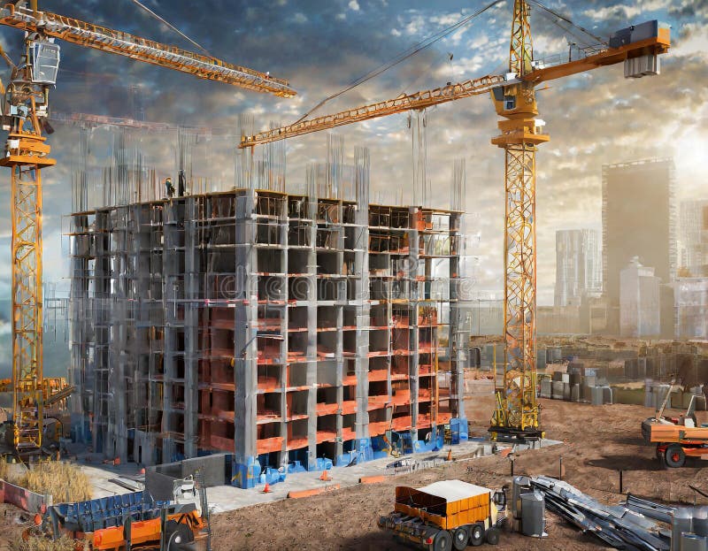 Construction Site with Cranes and Building Under Construction. 3d ... Construction Site with Cranes and Building Under Construction. 3d ...
