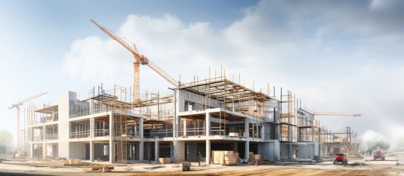 Construction Site with Cranes and Building Under Construction ...
