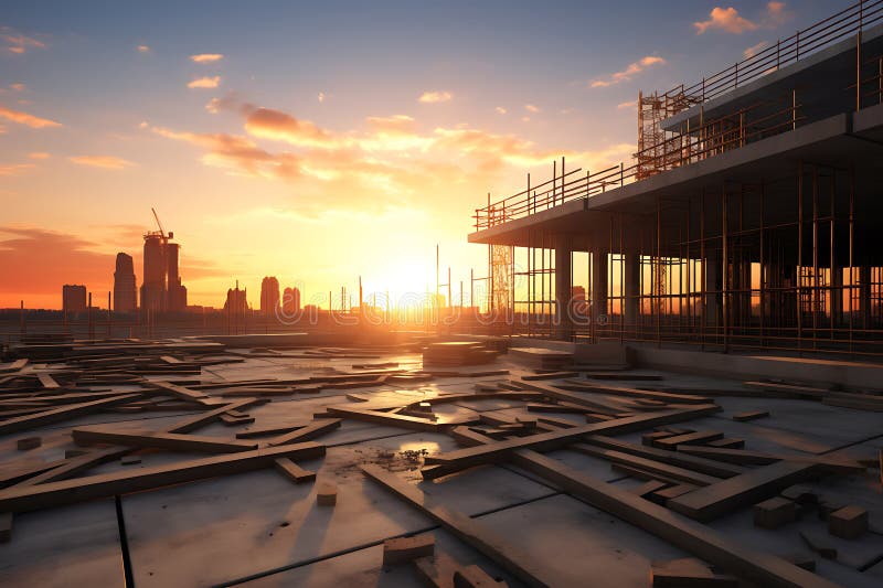 Construction Site with Cranes and Building Under Construction at Sunset ...