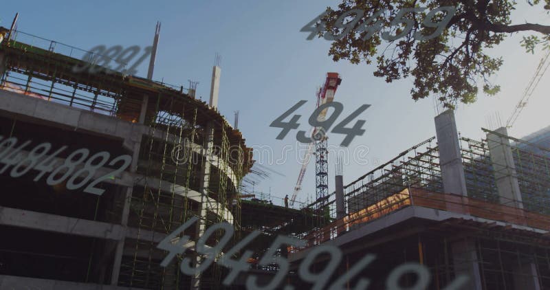 Construction Site with Cranes and Buildings, Numbers Animation Over ...
