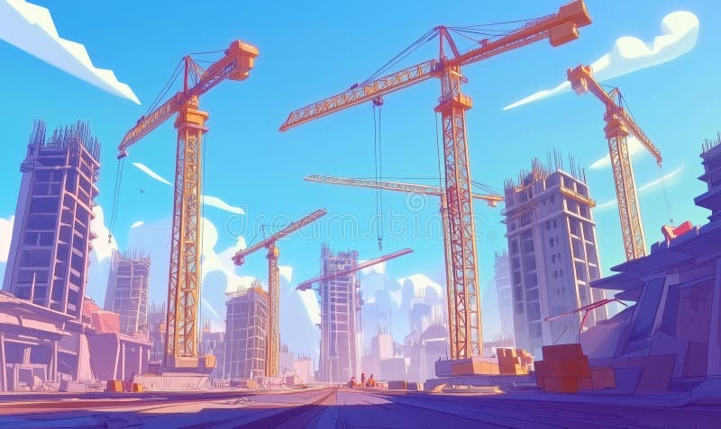 Construction Site with Cranes and Buildings, Vibrant Colors, Clear Sky ...