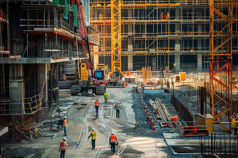 Construction Site with Cranes, Engineers Working on Urban Skyscraper ...