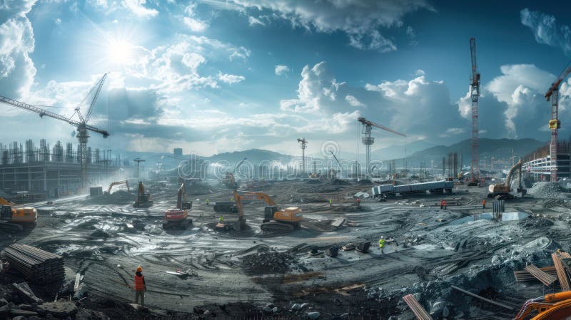 Construction Site with Cranes, Excavators, and Workers Under a Sunny ...