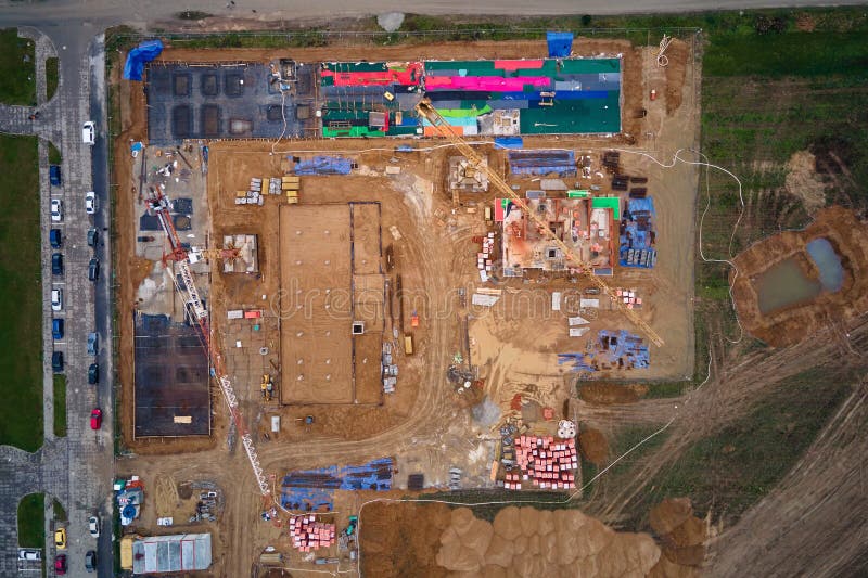 Construction Site Cranes Foundations Under Aerial View Stock Photos ...