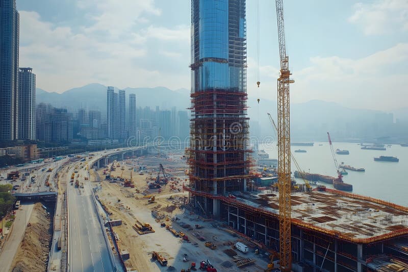 Construction Site with Cranes and Modern Skyscraper Under Progress ...