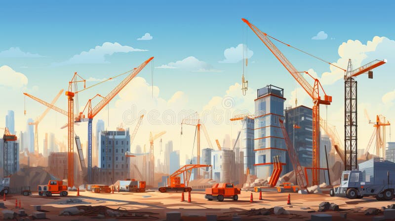 Construction Site with Cranes. 2d Cartoon Illustration, Generative Ai ...