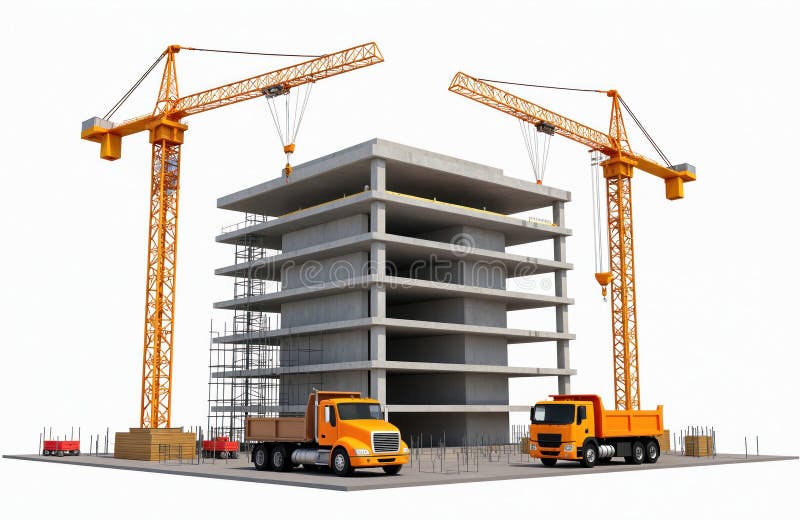 Construction Site with Cranes, Trucks. Building Under Construction with ...