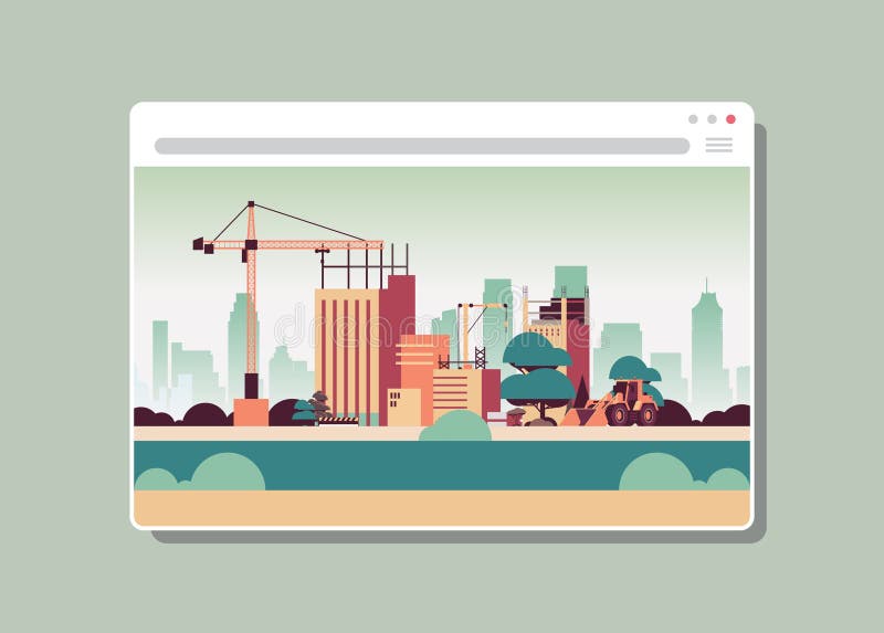 Construction Site with Cranes in Web Browser Window Digital Building ...