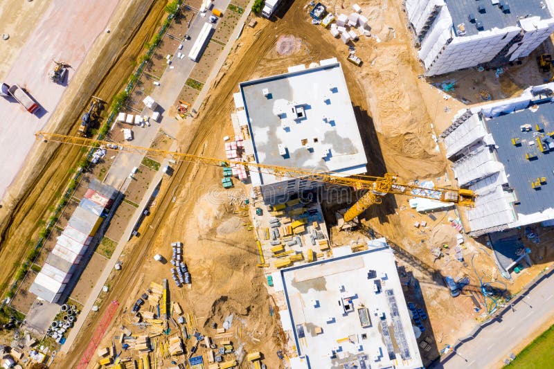 Construction Site with Cranes. Construction Workers are Building.Aerial ...