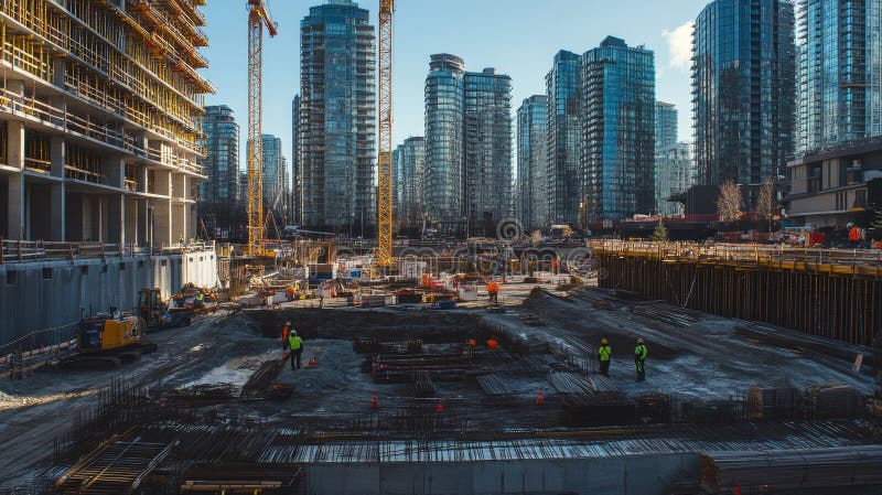 Construction Site with Cranes and Workers in Urban Environment Stock ...