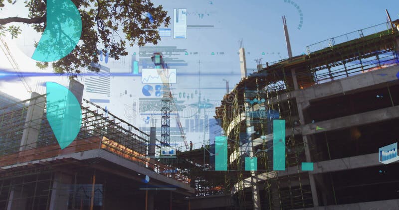 Construction Site with Data Analytics Animation Overlaying Buildings ...