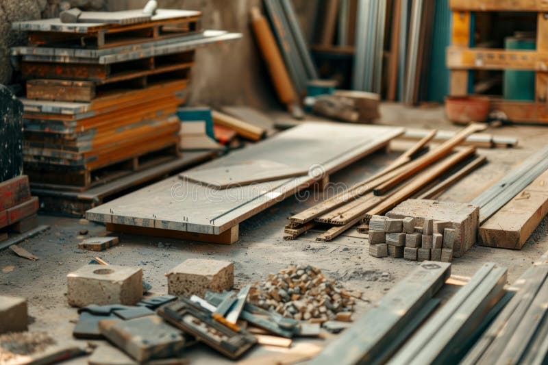 Construction Site Details with Materials and Tools Stock Image - Image ...