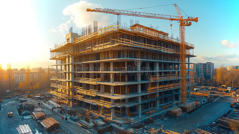 Construction Site Developing Multi-story Building with Crane and ...