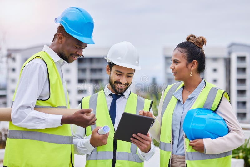 Construction Site, Digital Tablet and Team of Engineers at Building ...