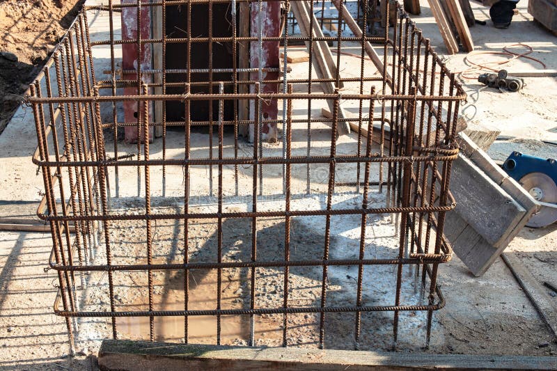Construction Site Displaying Reinforced Steel Cage for Concrete ...