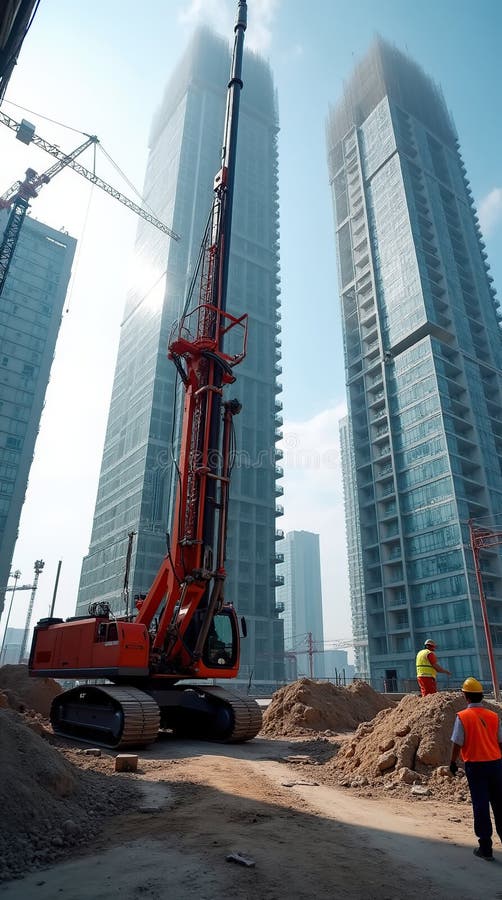 Construction Site with Drilling Machine and High-Rise Buildings Stock ...