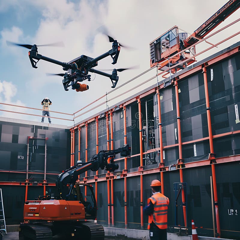 Construction Site Drone Inspection with Robotic Arm and Workers Stock ...