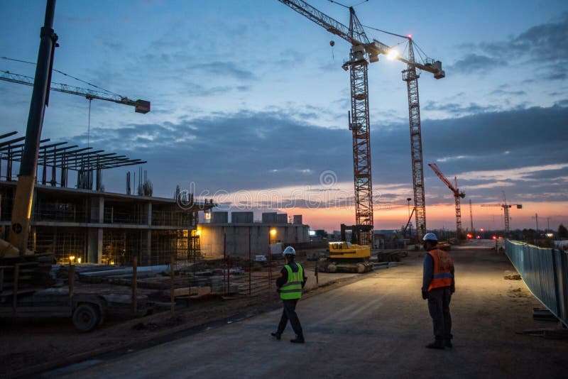 Construction site at dusk stock illustration. Illustration of site ...