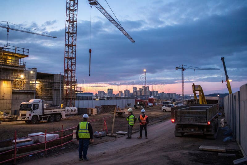 Construction Site at Dusk or Dawn Stock Illustration - Illustration of ...