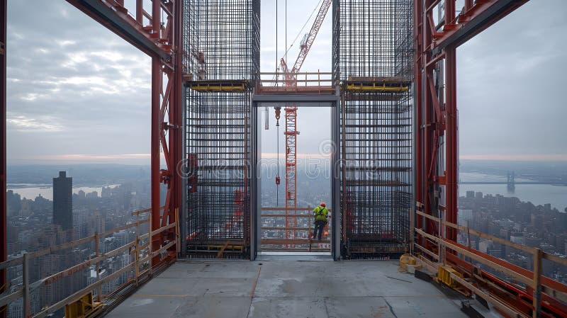 Construction Site with Elevator and Workers at High Altitude ...