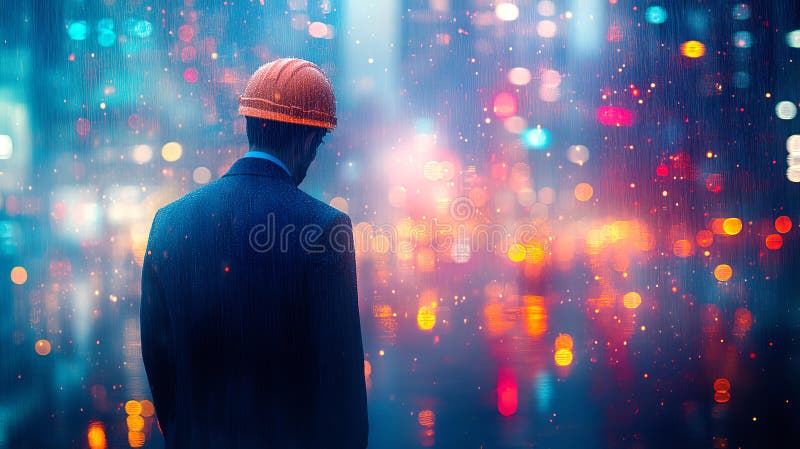 Construction Site Engineer Looking Up at Hight Rising Building with ...