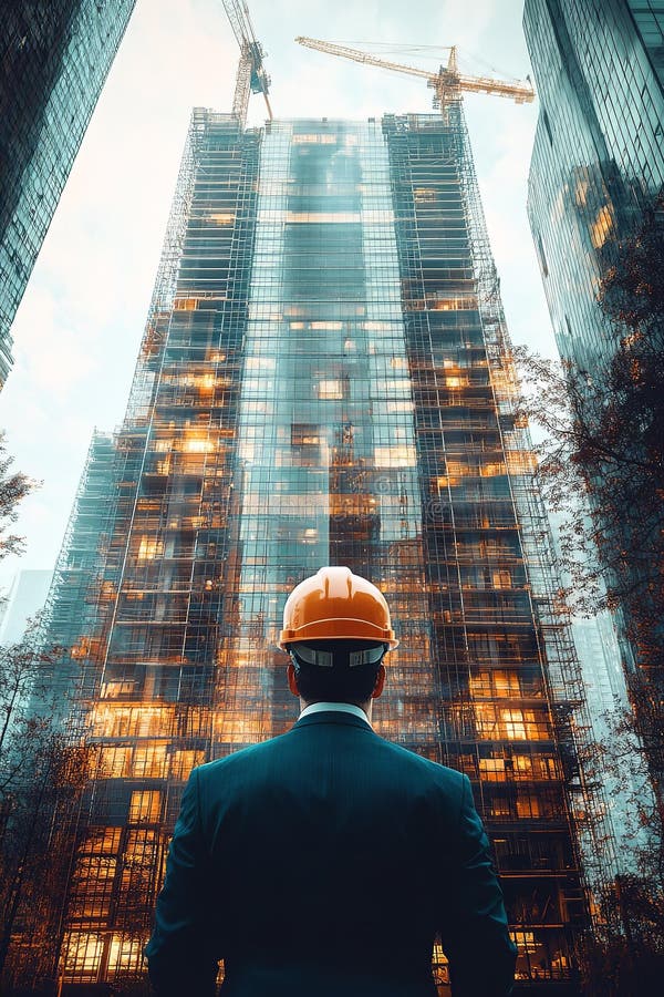 Construction Site Engineer Looking Up at Hight Rising Building with ...